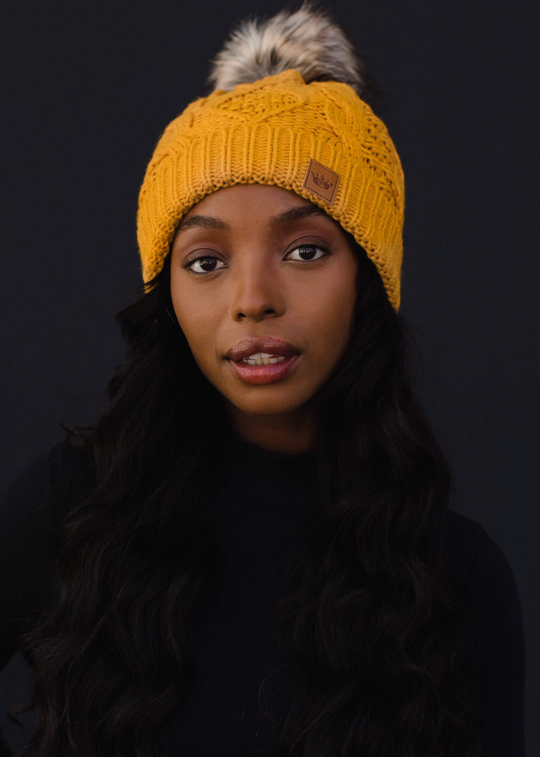Mustard Cable Knit Pom Hat